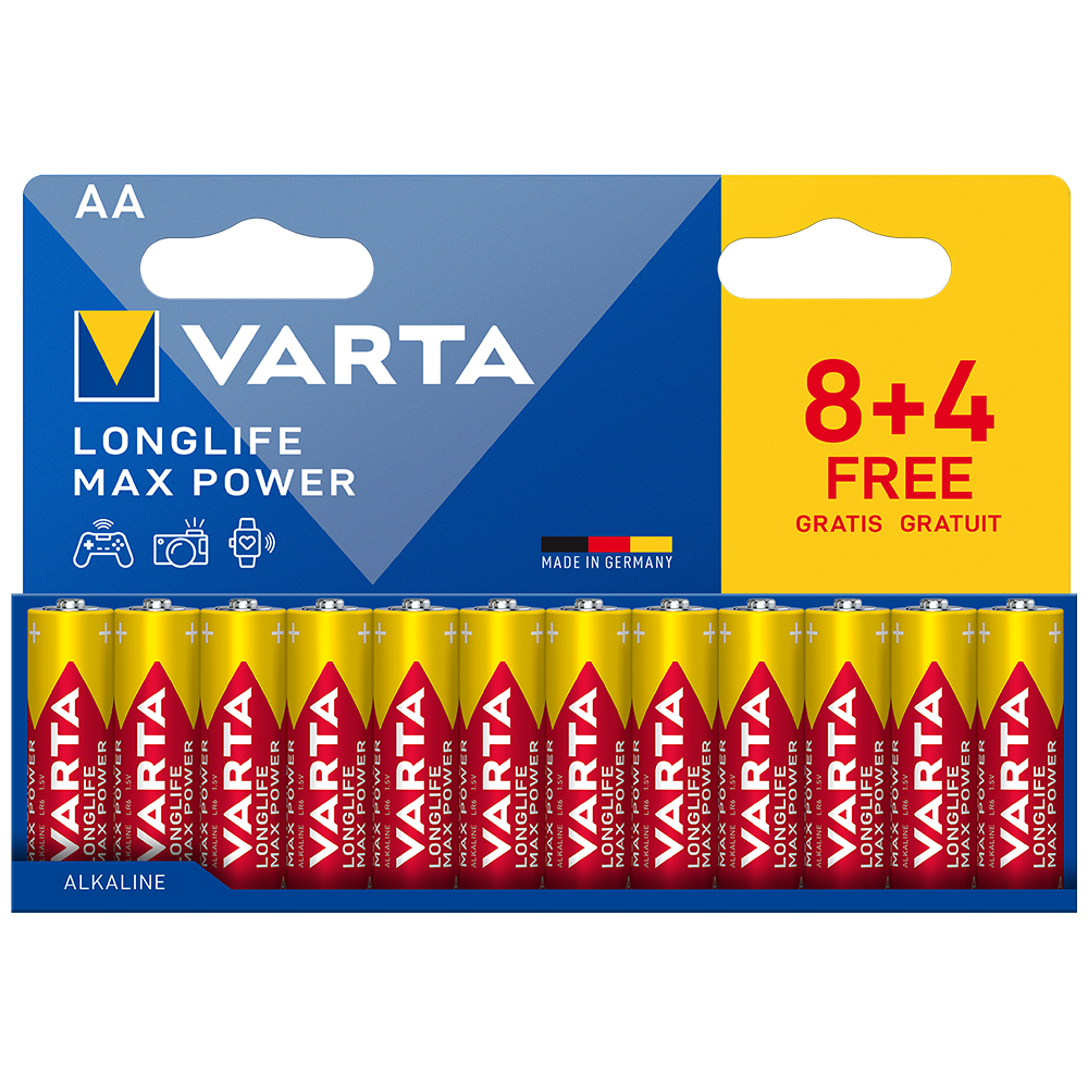 Varta Longlife Max Power AA LR6 Alkaline Batteries - 12 Pack