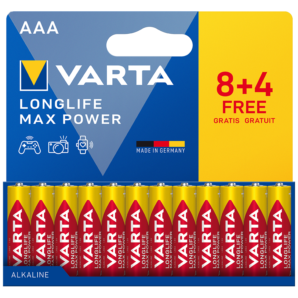 Varta Longlife Max Power AAA LR03 Alkaline Batteries - 12 Pack