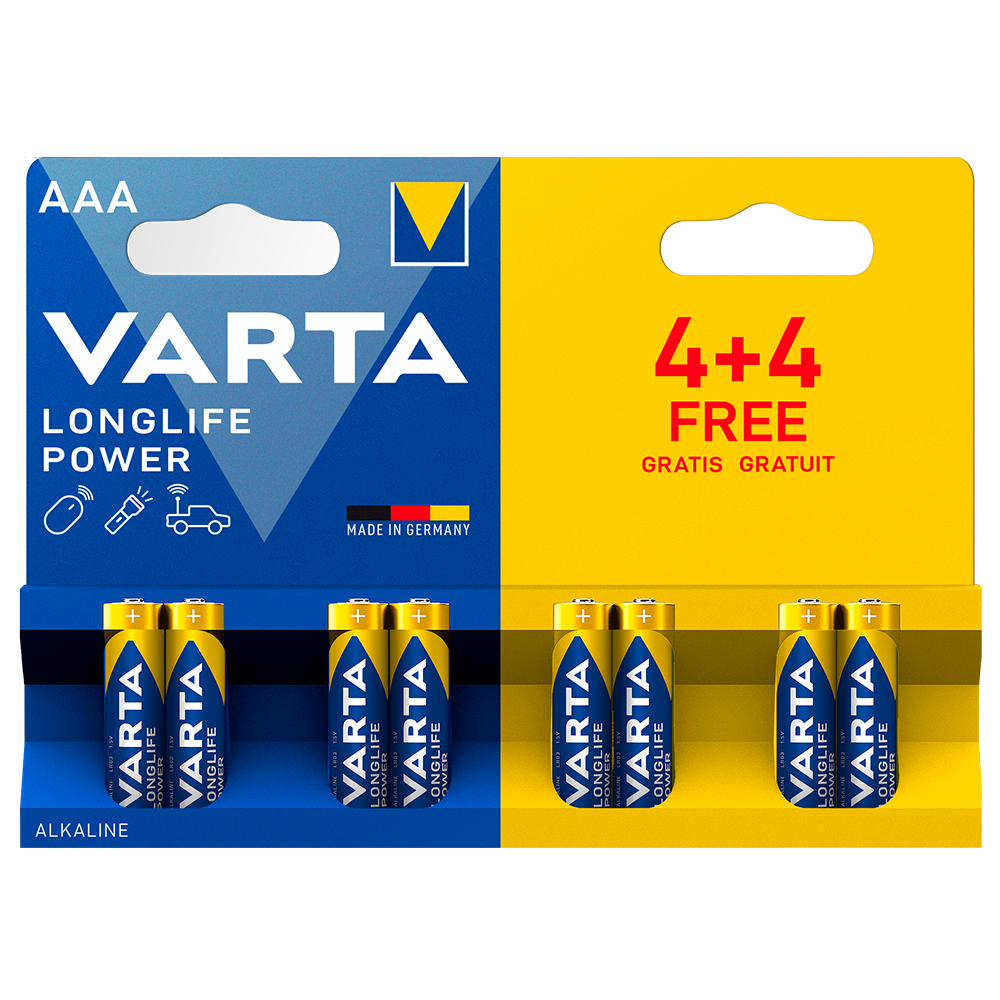 Varta Longlife Power AAA LR03 Alkaline Batteries - 8 Pack